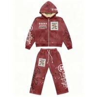 China Custom Acid Wash Vintage Rhinestone Heavyweight Streetwear Tracksuit Leopard Sweatsuit Zip up Flared Sweatpants and Hoodie Sets for sale