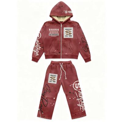 China Custom Acid Wash Vintage Rhinestone Heavyweight Streetwear Tracksuit Leopard Sweatsuit Zip up Flared Sweatpants and Hoodie Sets for sale