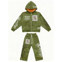 China Custom Acid Wash Vintage Rhinestone Heavyweight Streetwear Tracksuit Leopard Sweatsuit Zip up Flared Sweatpants and Hoodie Sets for sale