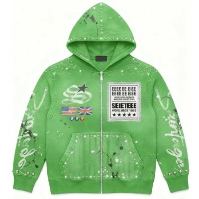 China Manufacturer Custom Men's Rhinestone  Acid Wash Vintage Paint Spraying Sweatshirts Heavyweight Baggy Distressed Zip up Hoodie for sale