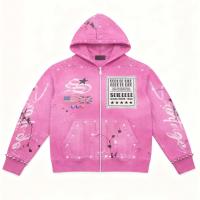 China Manufacturer Custom Men's Rhinestone  Acid Wash Vintage Paint Spraying Sweatshirts Heavyweight Baggy Distressed Zip up Hoodie for sale