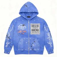 China Manufacturer Custom Men's Rhinestone  Acid Wash Vintage Paint Spraying Sweatshirts Heavyweight Baggy Distressed Zip up Hoodie for sale