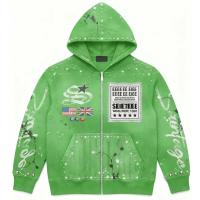 China Manufacturer Custom Men's Rhinestone  Acid Wash Vintage Paint Spraying Sweatshirts Heavyweight Baggy Distressed Zip up Hoodie for sale