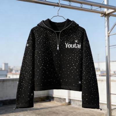 China Wholesale Full Rhinestone Distressed Quarter Zip up Hoodie Men Streetwear Custom Heavyweight Oversized Cropped Diamond Hoodie for sale