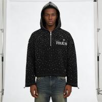 China Wholesale Full Rhinestone Distressed Quarter Zip up Hoodie Men Streetwear Custom Heavyweight Oversized Cropped Diamond Hoodie for sale