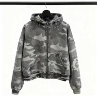 China Custom High Quality Camouflage Rhinestone 100% Cotton Heavyweight Zip up Hoodie Manufacturer Camo Streetwear Hoodie for Men for sale