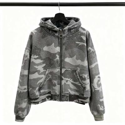 China Custom High Quality Camouflage Rhinestone 100% Cotton Heavyweight Zip up Hoodie Manufacturer Camo Streetwear Hoodie for Men for sale