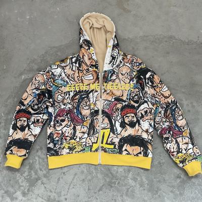 China Heavyweight Streetwear All Over Dtg Printed Distressed Zip up Hoodie for Men Custom Boxy Reversible Boxy Sudaderas Hombre Jacket for sale