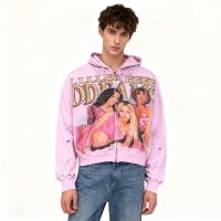 China High Quality Rhinestone Print Distressed Zip up Heavyweight Hoodie Men Custom Streetwear Acid for sale