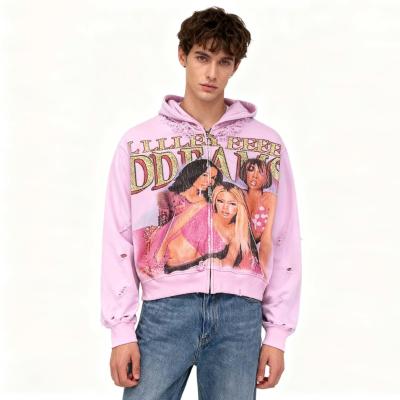 China High Quality Rhinestone Print Distressed Zip up Heavyweight Hoodie Men Custom Streetwear Acid for sale