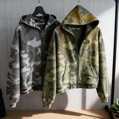 China Manufacturer Custom logo Camouflage Rhinestone Men's Heavyweight Hoodie Zip up Designer Camo Oversized Streetwear Hoodie for Men for sale