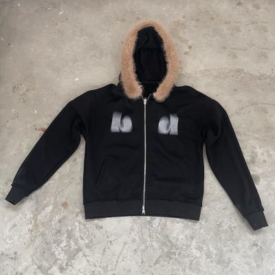China Wholesale Custom Heavyweight Distressed Zip up Faux Fur Hood Hoodie for Men Streetwear Oversized Cotton Jacket Sudaderas Hombre for sale