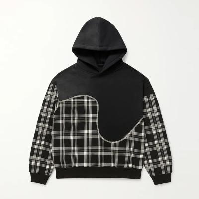 China Manufacturers Custom Patchwork Plaid Color Block Heavyweight Hoodie for Men Oversized Cropped Pullover Men's Hoodie Sweatshirt for sale