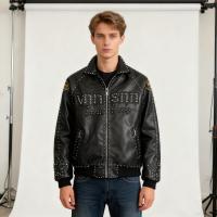 China Custom Vintage Rhinestone Leather Jacket Varsity Bomber Studded Waterproof Hip Hop Pu Streetwear Motorcycle Embroidery Plus Size for sale