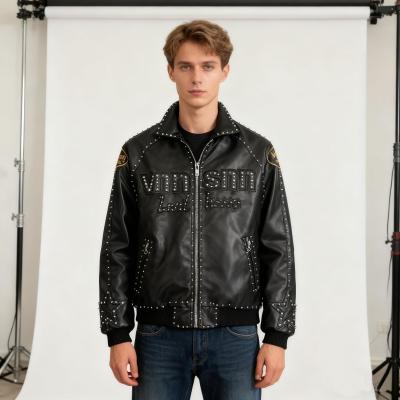 China Custom Vintage Rhinestone Leather Jacket Varsity Bomber Studded Waterproof Hip Hop Pu Streetwear Motorcycle Embroidery Plus Size for sale
