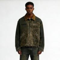 China Top Supplier Designer Rhinestone Jacket for Men Wholesale Custom Stylish England Style Denim Studded Frayed Hem Quick Sample for sale