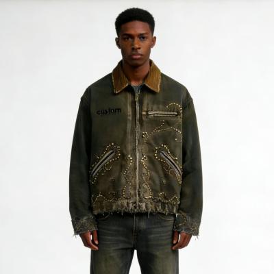 China Top Supplier Designer Rhinestone Jacket for Men Wholesale Custom Stylish England Style Denim Studded Frayed Hem Quick Sample for sale