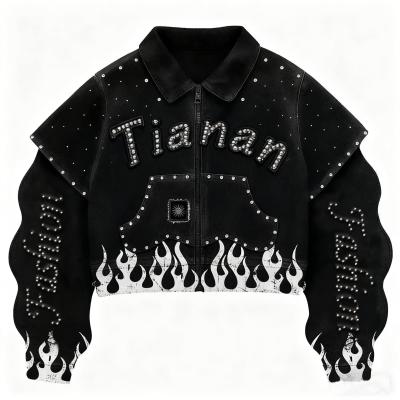China Custom Designer Street Fashion Black Rhinestone Denim New Styles 2026 Brown Luxury Diamond Cowboy Jeans Plus Size Jacket for Men for sale