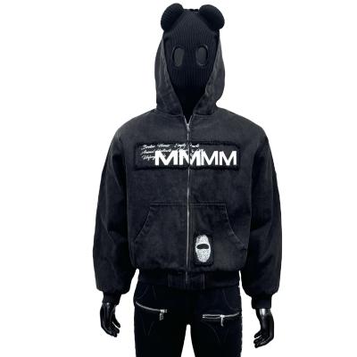 China Custom Men's Denim Jacket Winter Distressed Zip up Acid Wash Top Coat Lapel Zipper Pattern Seamless Embroidery Canvas Jacket for sale