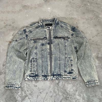 China High Quality Retro Distressed Acid Wash Denim Varsity Men's Jackets Custom Streetwear Motorbike Racing Coat Jacket for Men for sale
