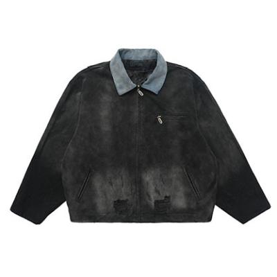 China 2025 New Custom Logo Old Cut Fashion Spray Bay Jacket Men Vintage Lapel Denim High Quality Heavy Weight Acid Wash Men'S Jacket for sale