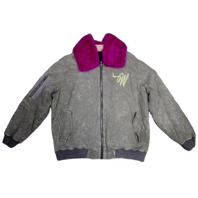 China Custom Sun Faded Men'S Winter Puffer Jackets Acid Wash Oversized Hairy Collar Zip up Embroidery Logo Varsity Jacket for Men for sale