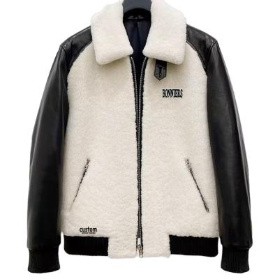 China Custom Shearling Leather Varsity Men'S Jacket Collared Sherpa Fleece Stand Casual Letterman Winter Clothes for Men for sale