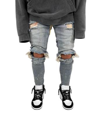 China OEM/ODM High Street Denim Jeans Fashion Splash-ink Wash Hip Hop Pants Knee Holes High Quality Men's Trousers for sale