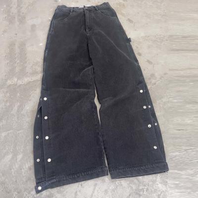 China Custom High Quality Side Button Flared Jogger Jeans for Men Wholesale Baggy Black Blank  Cargo Track Denim Men's Jogger Pants for sale