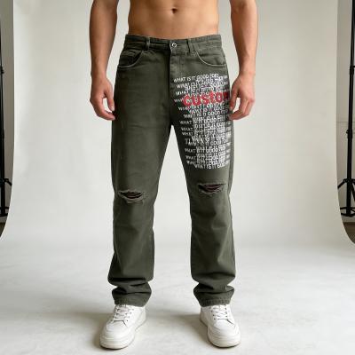China Custom Baggy Distressed Men's Vintage Denim Jeans Button Closure Print Letter Flared Straight Leg Oversized Streetwear Pants for sale