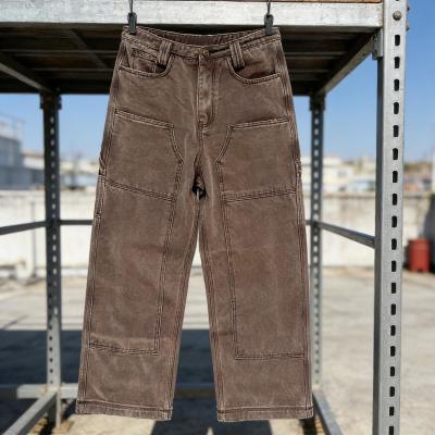 China Custom Men's Denim Jeans Vintage Y2K Brown Acid Washed Double Knee Carpenter Work Wide Leg Distressed Canvas Streetwear Pants for sale