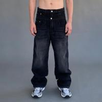 China Custom High Quality Heavyweight Double Waist Baggy Black Denim Pants Men Distress Straight Leg Vintage Wash Streetwear Jeans for sale