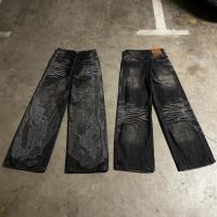 China Custom Rhinestone Personality Men's Trousers Hip Hop Style Baggy Pants Mid Waist Woven Denim Washed Loose Straight Autumn Jeans for sale