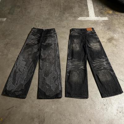 China Custom Rhinestone Personality Men's Trousers Hip Hop Style Baggy Pants Mid Waist Woven Denim Washed Loose Straight Autumn Jeans for sale