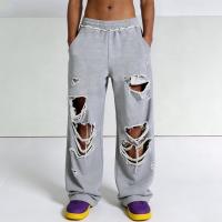 China Custom 100% Cotton Sweatpants Acid Washed Distressed Streetwear Joggers Ripped Raw Hem Wide Straight Leg Baggy Stacked Pants for sale