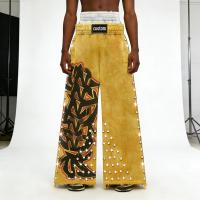 China Custom Men's Heavyweight Cotton Sweatpants Vintage Acid Wash Side Rhinestone Double Waist Wide Straight Leg Baggy Stacked Pants for sale