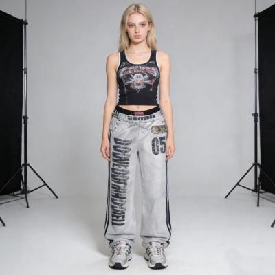 China Manufacturer Custom Women's Pants Fashion New Street Style Sagging Wide Leg Oversized Striped Print Double Waisted Trousers for sale