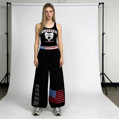 China Custom Heavy Baggy Sweatpants High Quality Hip Hop Wide Leg Double Waist Jogger Vintage Stack Flared Screen Print Women's Pants for sale