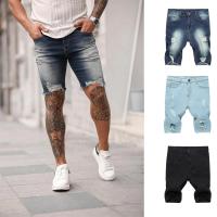 China New Arrival Wholesale Fashion Casual Style Distressed Skinny Ripped Blue Jean Short Men Denim for sale
