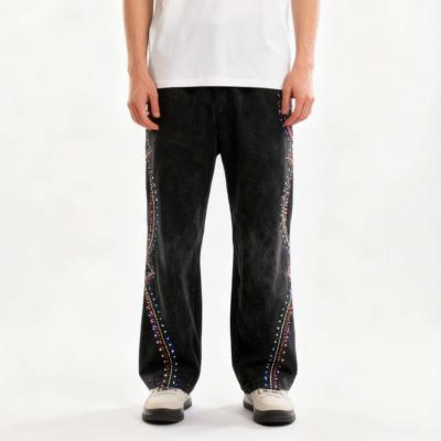 China Custom Oversized Wide Leg Blank Spring Autumn Men Joggers Sweatpants American Style Cargo Rhinestone Waterproof Track Pants for sale