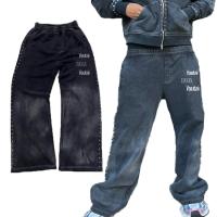 China Custom Printed Logo Streetwear Colored Rhinestones Flared Wide Leg Mens Baggy Sweatpants Y2k Acid Wash Jogging Sweat Pants Men for sale