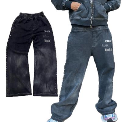 China Custom Printed Logo Streetwear Colored Rhinestones Flared Wide Leg Mens Baggy Sweatpants Y2k Acid Wash Jogging Sweat Pants Men for sale