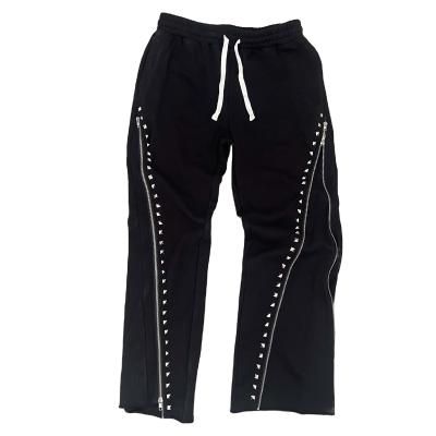 China Wholesale Custom Streetwear Long String Black Trousers Baggy Fit Pant 450gsm French Terry Rhinestone Zip up Flare Pants for Men for sale