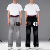 China Custom Double Waist Men'S Pants Distressed Acid Wash Printing Flared Sweatpants Sun Faded Wide Leg Baggy Cropped Pant for Men for sale