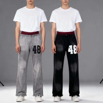 China Custom Double Waist Men'S Pants Distressed Acid Wash Printing Flared Sweatpants Sun Faded Wide Leg Baggy Cropped Pant for Men for sale