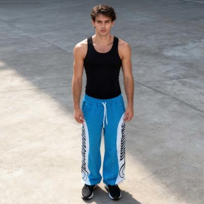 China Custom Rhinestone Digital Printed Double Waist Sweat Acid Wash Pants Men Wide Leg Sports Jogging Flared Baggy Mens Sweatpants for sale