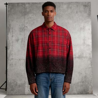 China Manufacturer Custom Rhinestone Plaid Fashion Vintage Long Sleeve Shirt Dip-Dye and Crystal Boxy Button up Flannel Shirt for sale