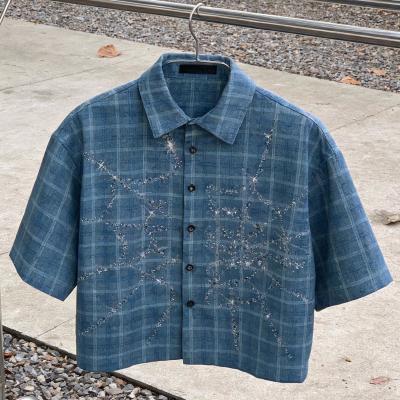 China Custom Men's Luxury Designer Flannel Plaid Crop Shirt Rhinestone Pattern Distressed Summer Short Sleeve Boxy Baggy Fit Shirt for sale