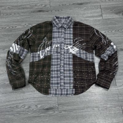 China Manufacturer Custom Flannel Patchwork Rhinestone Printed Men's Shirt High Quality Long Autumn Hip Hop Streetwear Shirt for Men for sale