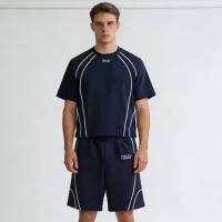 China Manufacturer High Quality Summer 2 Two Piece Custom Oversized Reflective Stripe Tracksuit Boxy Printed T-shirt and Shorts Set for sale